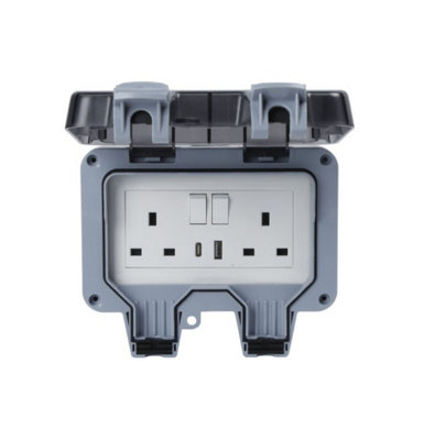 Weatherproof Outdoor Double Plug Socket 2 Gang Switched Socket USB Port ...