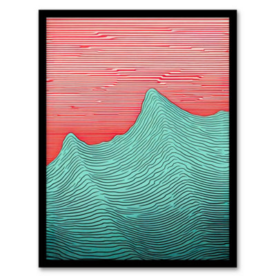 Wee Blue Coo Linear Waves Abstract Line Drawing Sea Red and Turquoise ...