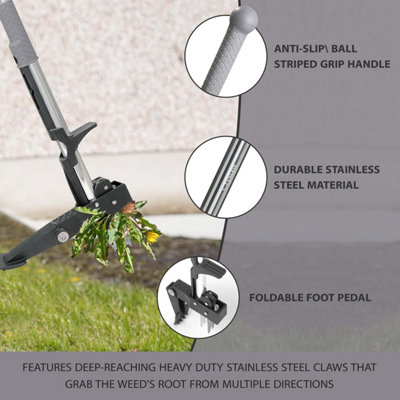 Weed Puller Stand Up Weeder Hand Tool with 4 Claws Foot Pedal Long Root ...