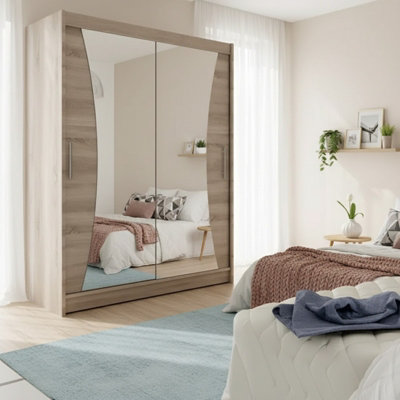 WESTA IX 150 Modern Sliding Truffle Wardrobe With Mirrored Fronts and ...