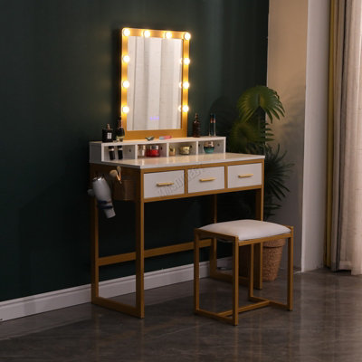 WestWood White Golden Vintage Dressing Makeup Table Stool Set Spacious Storage LED Mirror