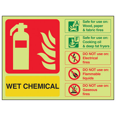 WET CHEMICAL Fire Extinguisher Sign - Glow in Dark - 200x150mm (x3 ...