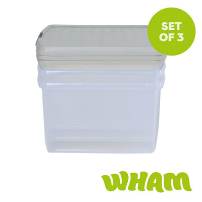 Wham Clip 3x 25.5L Square Plastic Storage Boxes with Clip Lock Lids ...