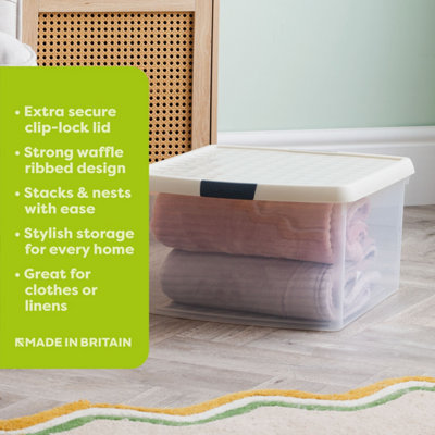 Wham Clip 3x 25.5L Square Plastic Storage Boxes with Clip Lock Lids ...