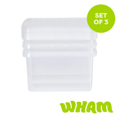 Wham Clip 3x 9L Square Plastic Storage Boxes with Secure Clip Lock Lids ...