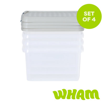 Wham Clip 4x 9L Square Plastic Storage Boxes with Secure Clip Lock Lids ...