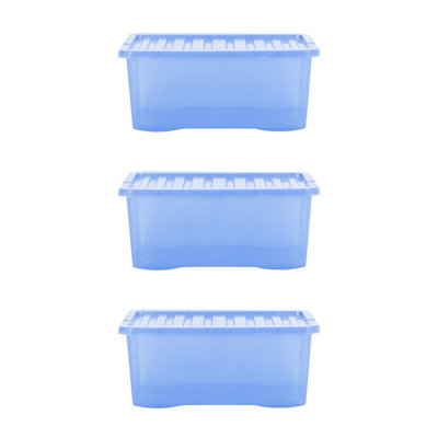 Wham Crystal 3 x 45L Stackable Plastic Storage Boxes with Lids Tint Blue