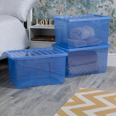 Wham Crystal 3 x 60L Stackable Plastic Storage Boxes with Lids Tint Blue