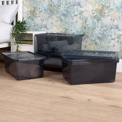 Wham Crystal 5 x 45L Stackable Plastic Storage Boxes with Lids Tint Smoke