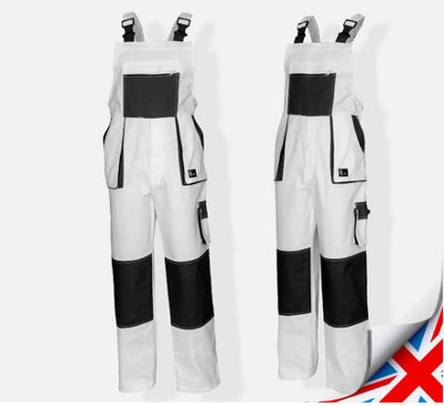 WHITE 100% COTTON 32-34W Work TROUSERS Bib & Brace Pants Overalls Multi ...