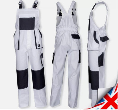 WHITE 100% COTTON 32-34W Work TROUSERS Bib & Brace Pants Overalls Multi ...
