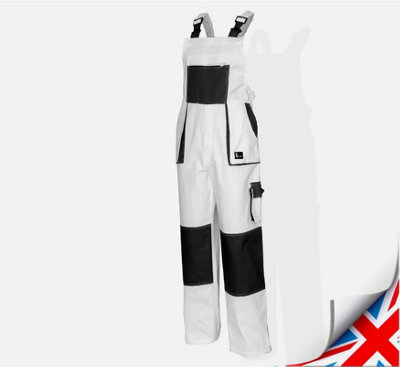 WHITE 100% COTTON 32-34W Work TROUSERS Bib & Brace Pants Overalls Multi ...