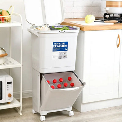 White 3-Section Wheeled Trash Bin with Dual-Layer Design