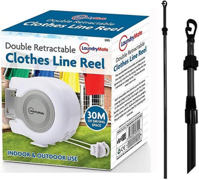 White 30m Retractable Clothes Reel Double Washing Line Wall Mounted Outdoor