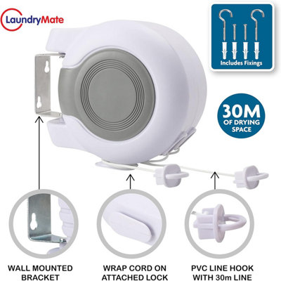 White 30m Retractable Clothes Reel Double Washing Line Wall Mounted Outdoor