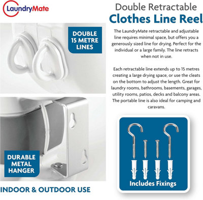 White 30m Retractable Clothes Reel Double Washing Line Wall Mounted Outdoor