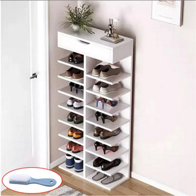 WHITE 9 TIER NARROW SHOE STORAGE CABINET WITH DRAWER - STANDING SHOE ...