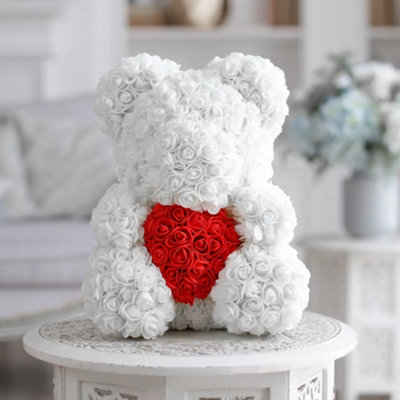 White and Red Artificial Rose Teddy Bear with Gift Box for Festivals