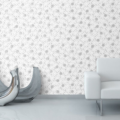 White and Silver Floral Daisy Wallpaper