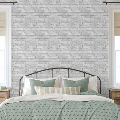 White and Silver Rustic Brick Effect Wallpaper Windsor Wallcoverings ...