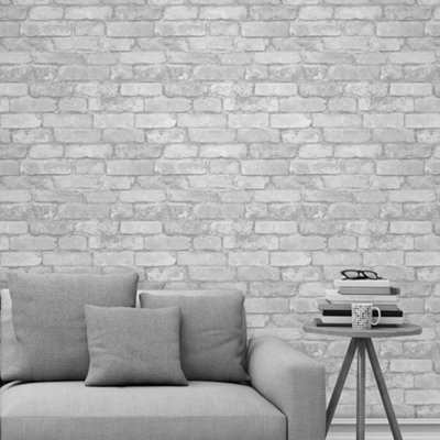 White and Silver Rustic Brick Effect Wallpaper Windsor Wallcoverings ...