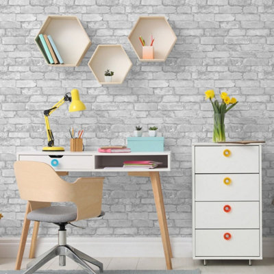 White and Silver Rustic Brick Effect Wallpaper Windsor Wallcoverings ...