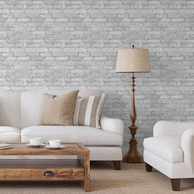 White and Silver Rustic Brick Effect Wallpaper Windsor Wallcoverings ...