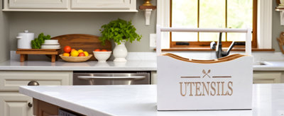 White & Bamboo Wooden Cutlery Caddy