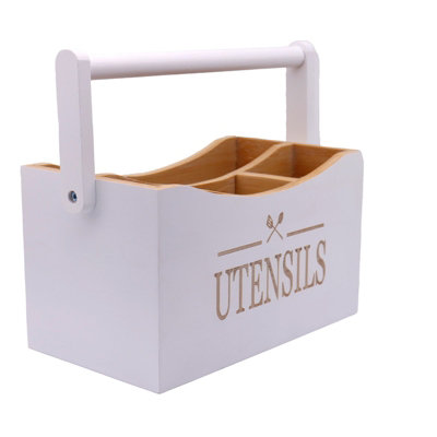 White & Bamboo Wooden Cutlery Caddy