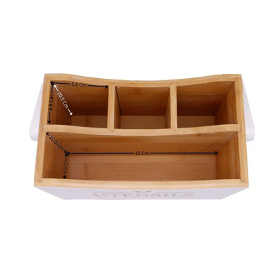 White & Bamboo Wooden Cutlery Caddy