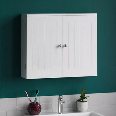 White Bathroom Wall Cabinet Storage 2 Door Cupboard MDF Shelves Vanity Unit