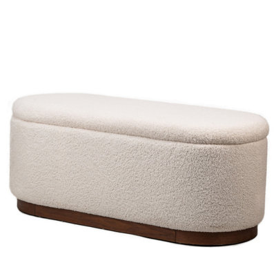 White Bouclé and Wood Storage Bench Modern Design Style Entryway