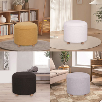 White Boucle Teddy Storage Box Upholstered Pouffe Storage Bench Stool