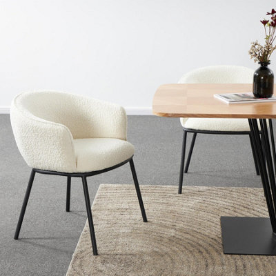 White Boucle Upholstered Duke Dining Lounge Chair with Black Metal Frame