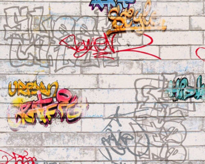 White Brick Graffiti Wallpaper AS Creation 93561-1 | DIY at B&Q