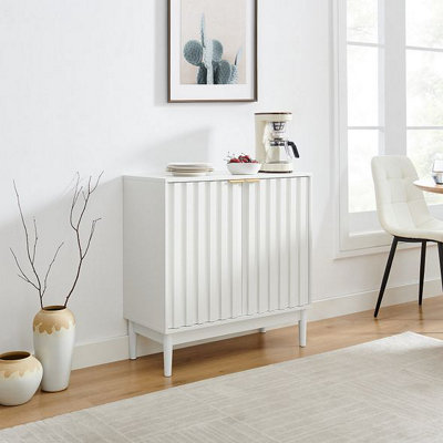 White Buffet Cabinet w/ Storage - 2-Door Fluted Sideboard, 80cm Wide x 83cm Tall
