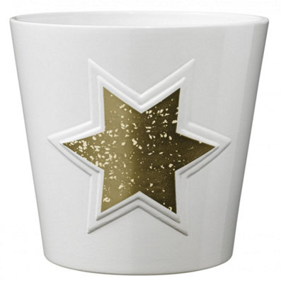 White Ceramic Gold Star Design Indoor Plant Pot. H13 cm | DIY at B&Q