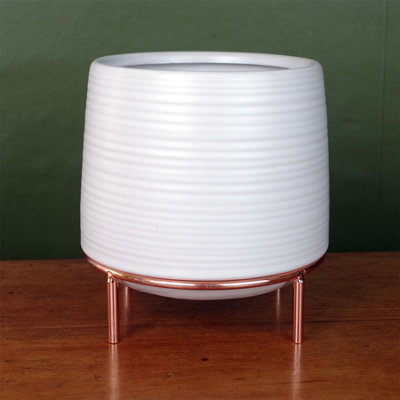 White Ceramic Planter Metal Stand with Plant Pot