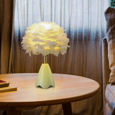 White Chic LED Feather Bedroom Bedside Table Lamp with Ceramic Base 30cm x 40cm