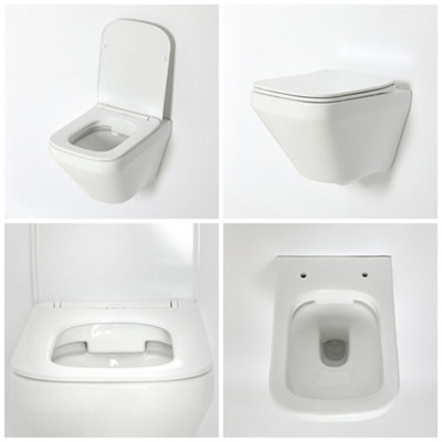 White Complete WC Unit Wall Hung Rimless Square Toilet 483mm