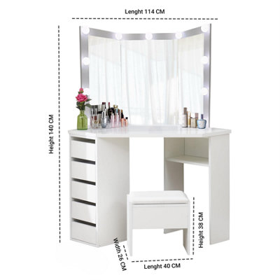 White Corner Dressing Table with 3 Mirrors Stool LED Bulbs 5 Drawers ...
