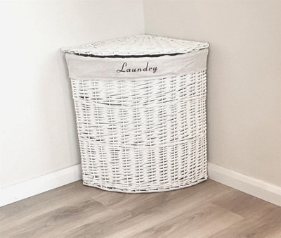 White Corner Wicker Laundry Basket with Cotton Lining Large 62 x 46 x ...
