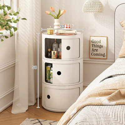 White Cylindrical Multi Tiered Plastic Bedside Storage Drawers Unit ...