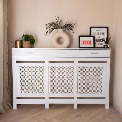 White Diamond MDF Radiator Cover with Drawer - Large - 152cm (W) x 81 ...
