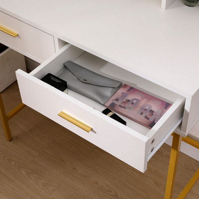 White Dressing Table Gold Legs Female Vanity Desk with LED Lights, Make ...
