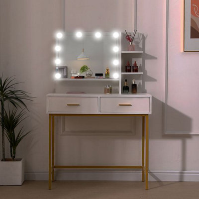 White Dressing Table Gold Legs Female Vanity Desk with LED Lights, Make ...