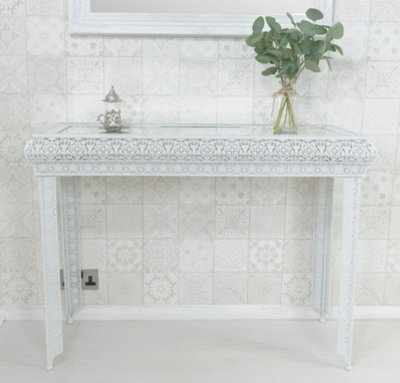 White Embossed Metal Mirrored Glass Console Table - Agadir Collection