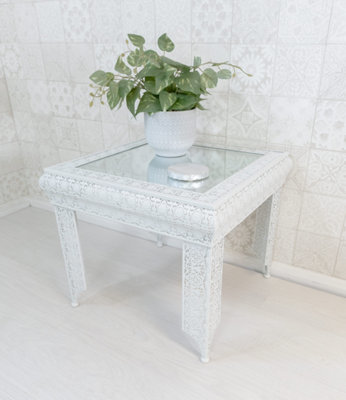 White Embossed Metal Mirrored Glass Side Table - Agadir Collection