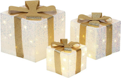 White Flash Cloth Light-Up Gift Boxes, 50 LED Lights, Gold Ribbon ...