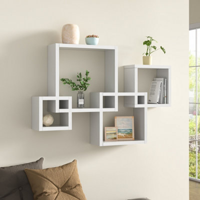 White Floating 4 Cube Intersecting Wooden Shelves Wooden Wall Mount ...